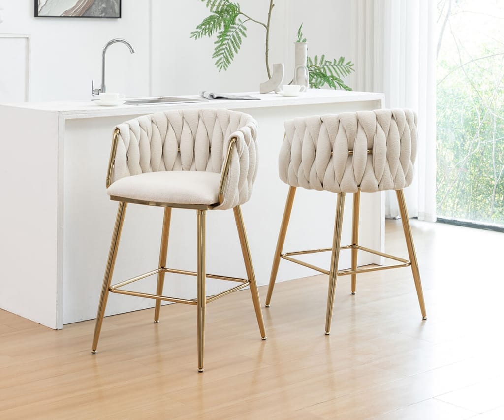 CH265-7: Braided Counterheight Barrel Chairs with Boucle Fabric (3 ...