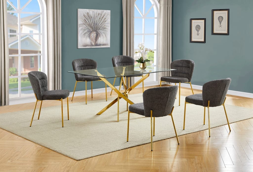 D234 w/ SC254-6: Rectangular Glass Dining Set with Fluffy Chairs (5 or ...